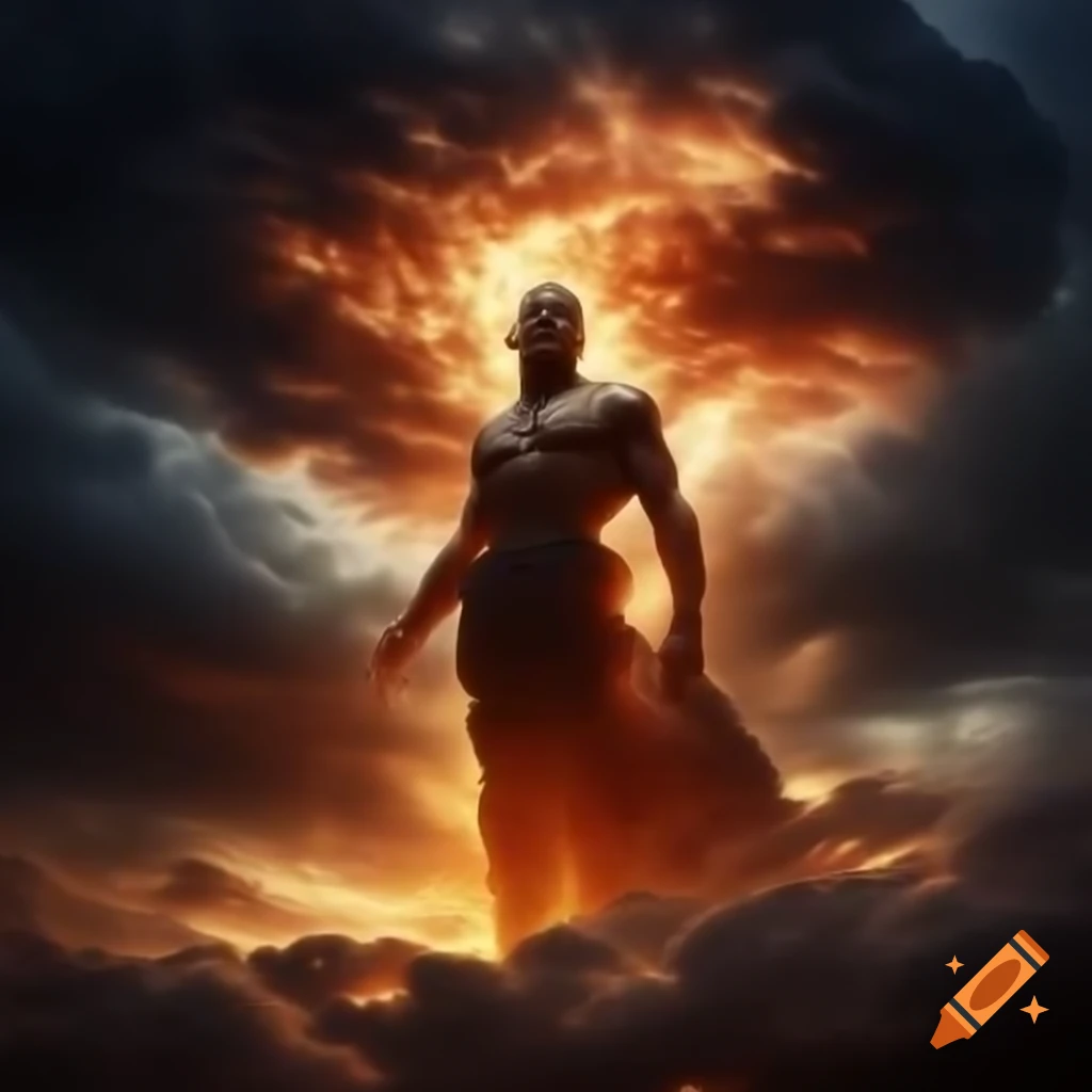 Glowing figure in thunderstorm and person rising from flames ...