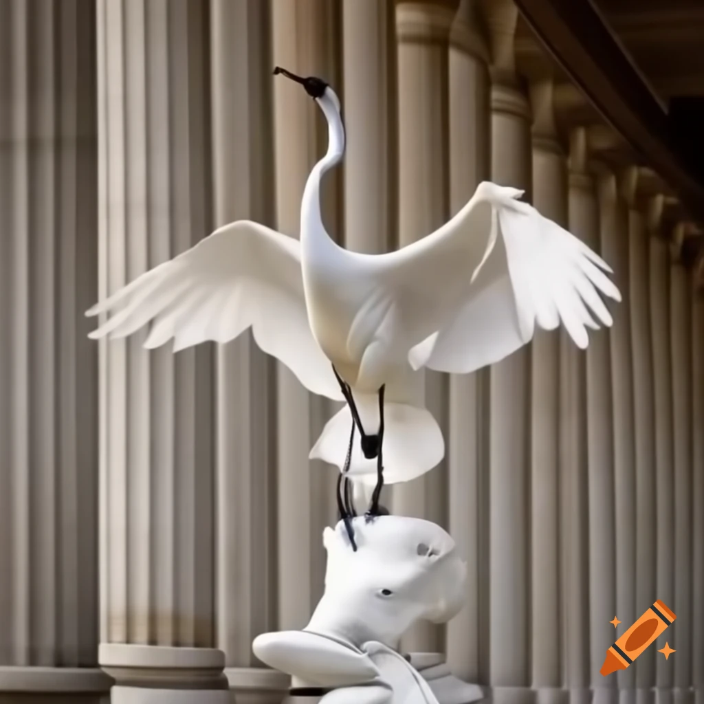 Crane mid-dance taking flight from a marble column on Craiyon
