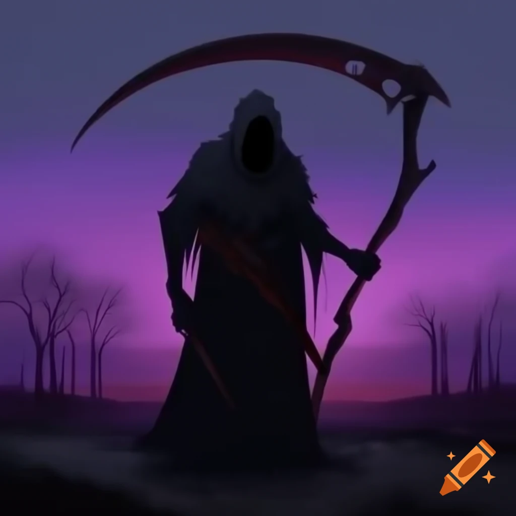 Silhouette of reaper with scythe against purple dusk, symbolizing ...