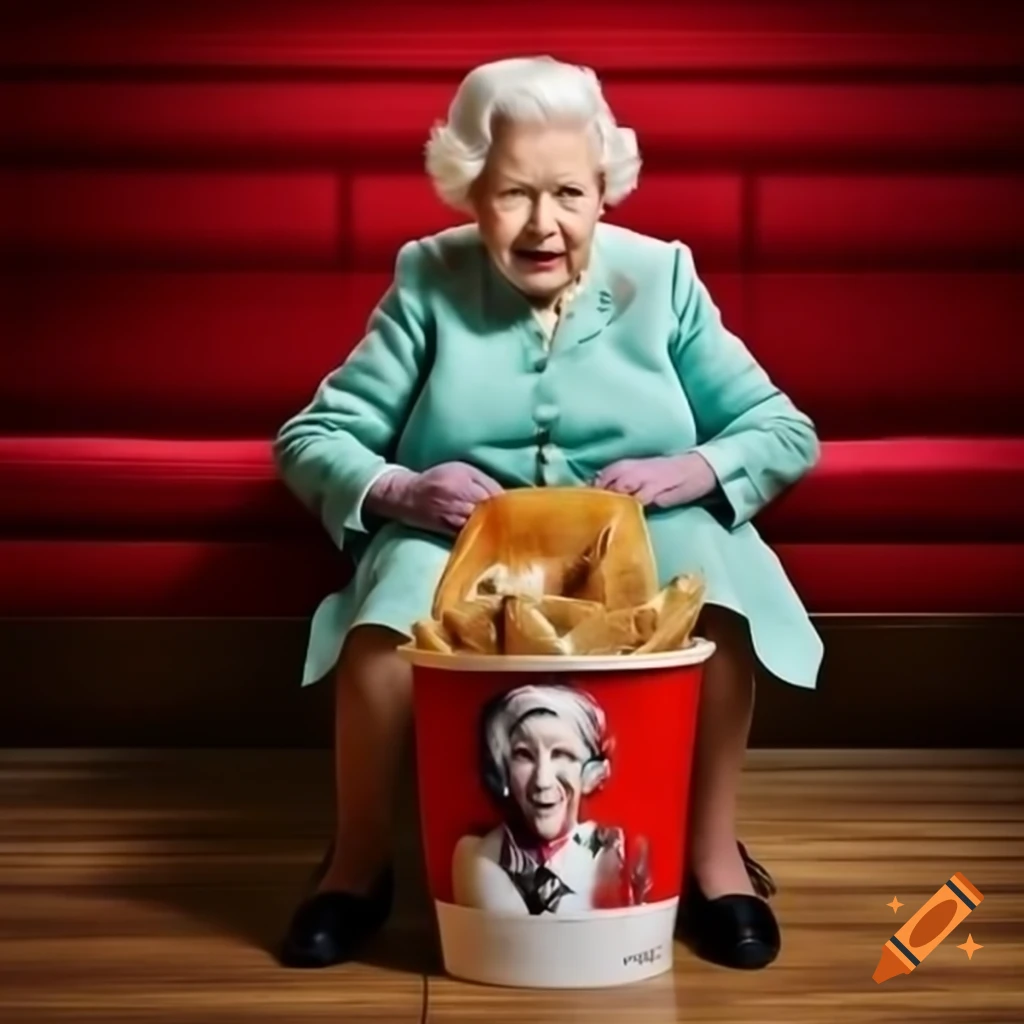 Old-aged Queen Elizabeth II sitting on the floor enjoying KFC on Craiyon