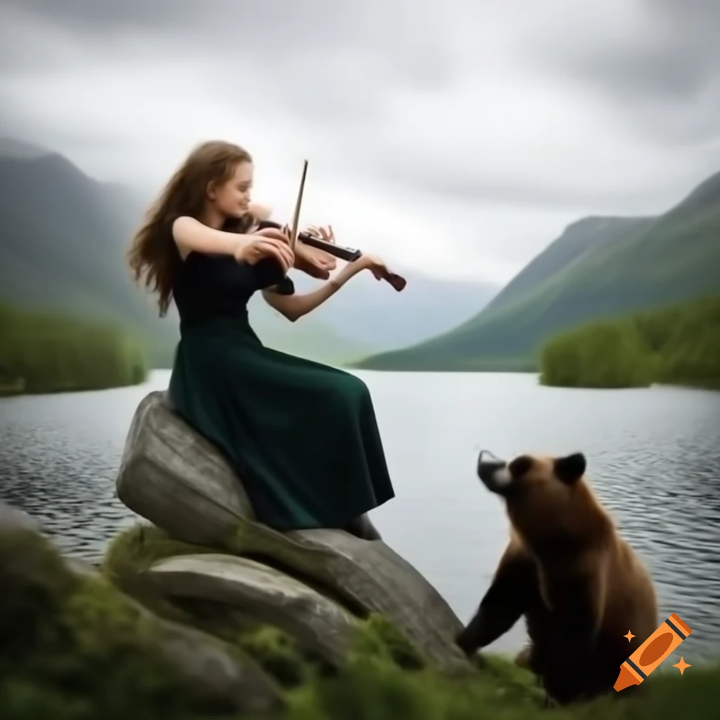 Celtic shepherd girl playing violin by lake with bear nearby on Craiyon