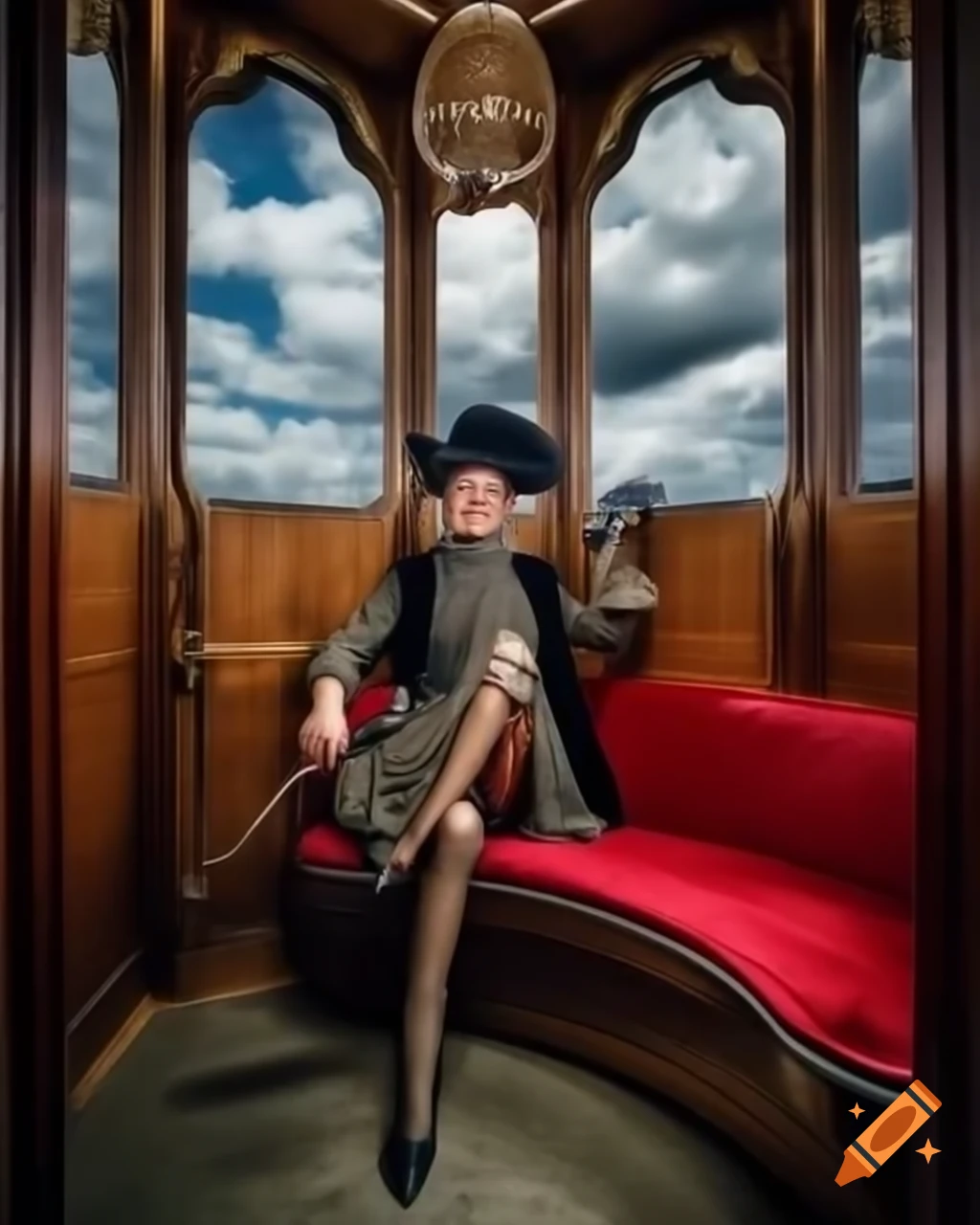 Art Nouveau elevator cabin ascending into cloudy sky with young lady in ...