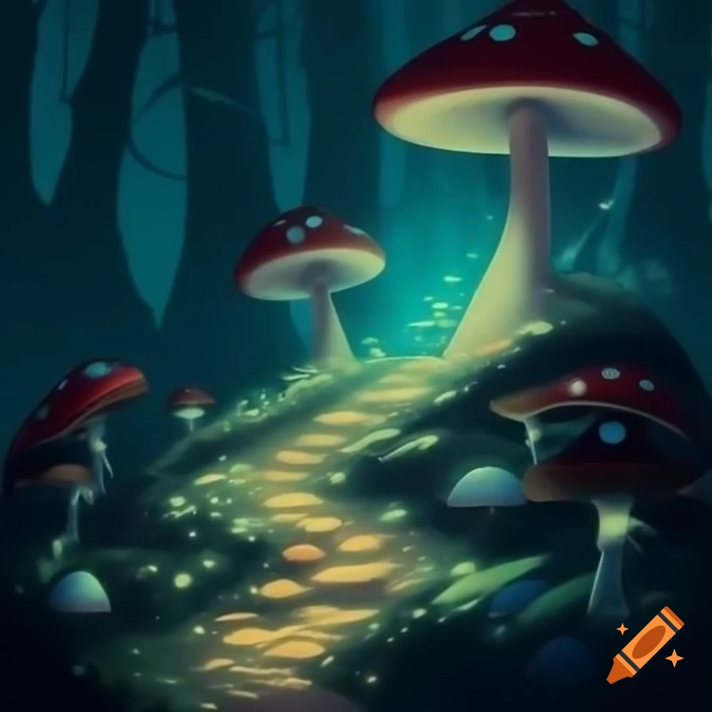 Glowing pathway in a vibrant mushroom kingdom on Craiyon
