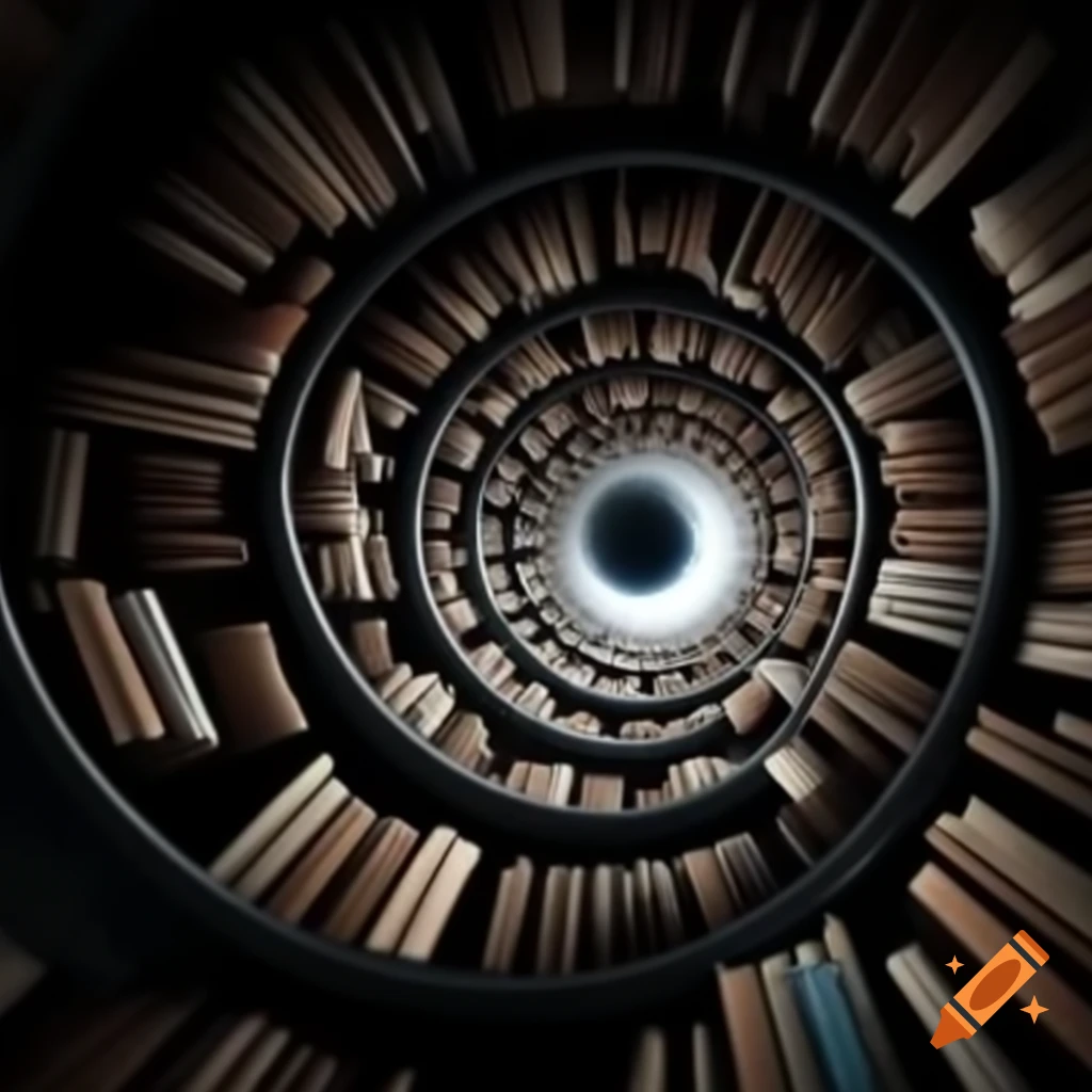 Swirl of books falling into the black hole gargantua on Craiyon