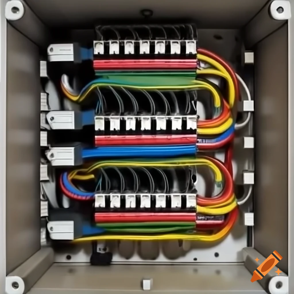 Colorful electrical wires arranged in straight lines inside junction ...