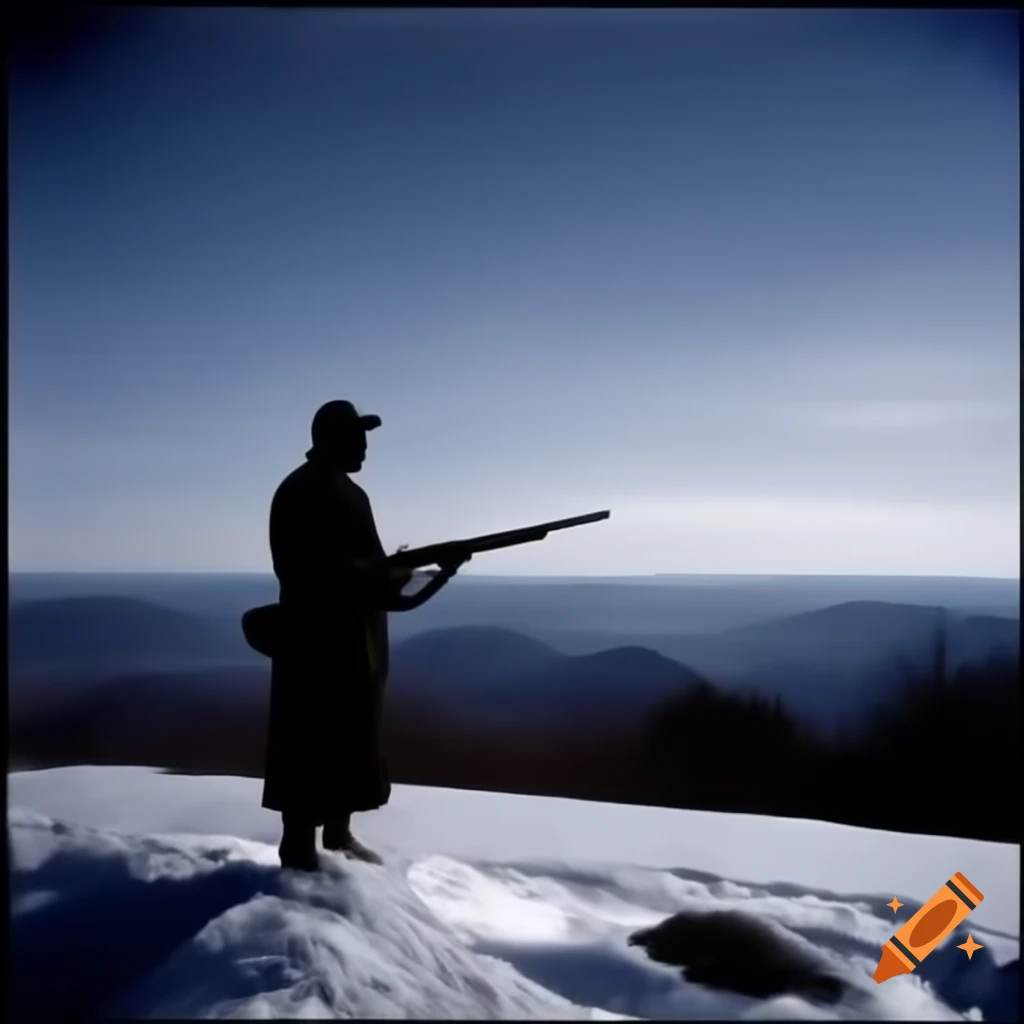 Silhouetted figure with flintlock rifle against snow-covered ...
