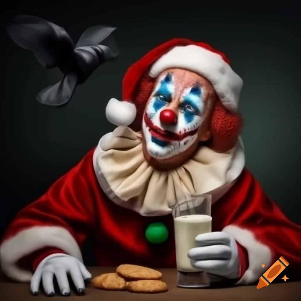 1930s style clown Santa consuming milk and cookies humorously on Craiyon