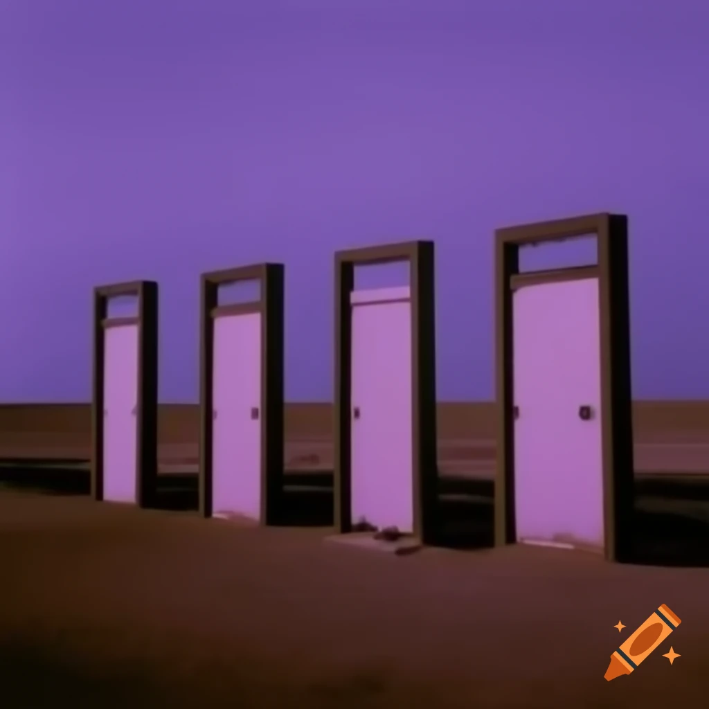 Strangely arranged doors in barren landscape with purple hues ...