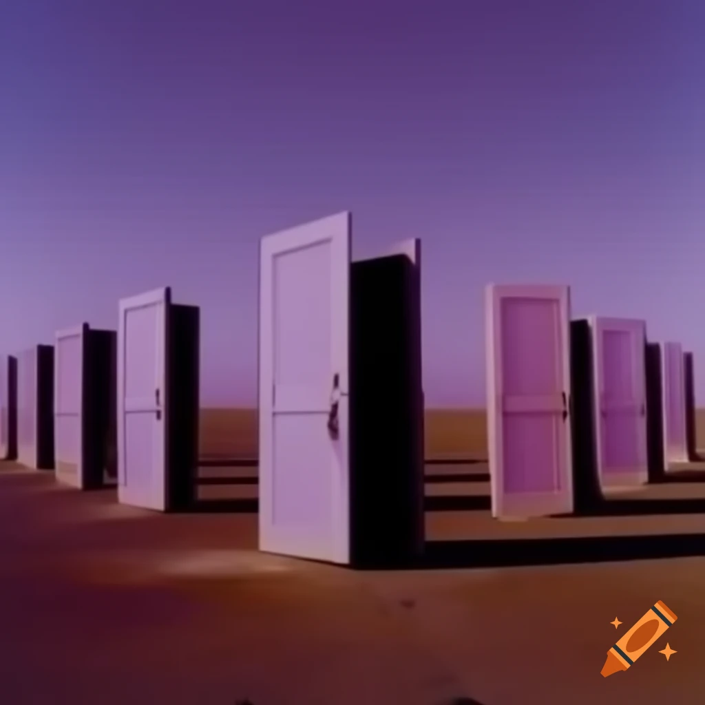 Strangely arranged doors in a barren landscape with nostalgic vhs ...
