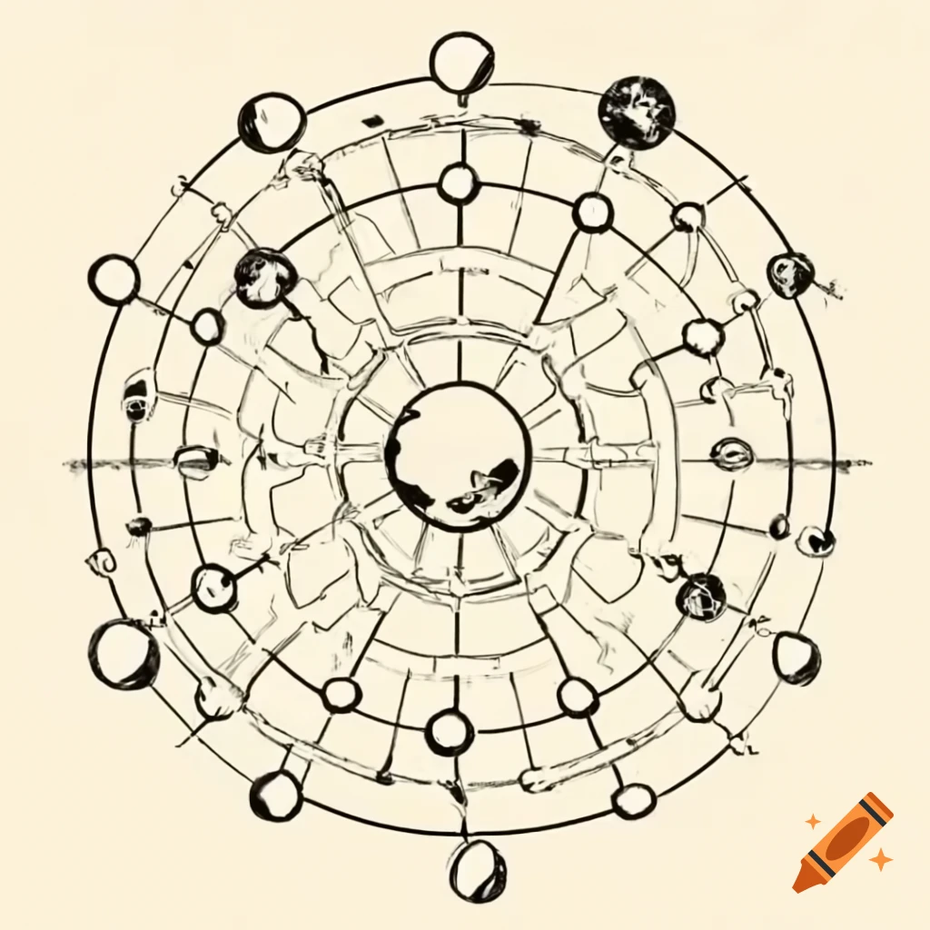 Cosmology map featuring world at center with orbiting spheres on Craiyon