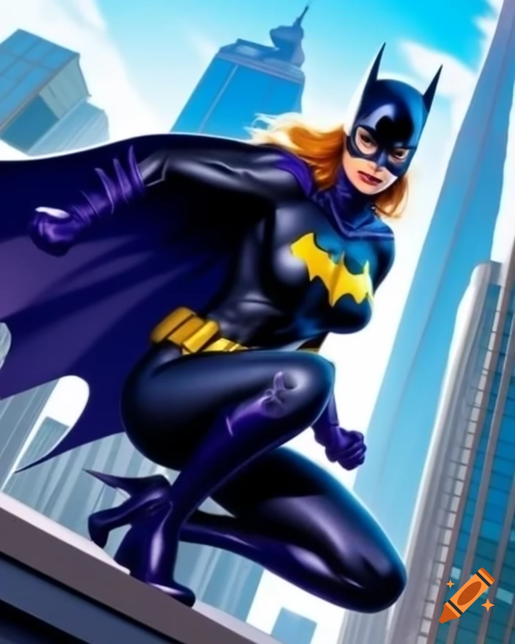 Batgirl in 80s comic style superhero pose on skyscraper with knee high ...