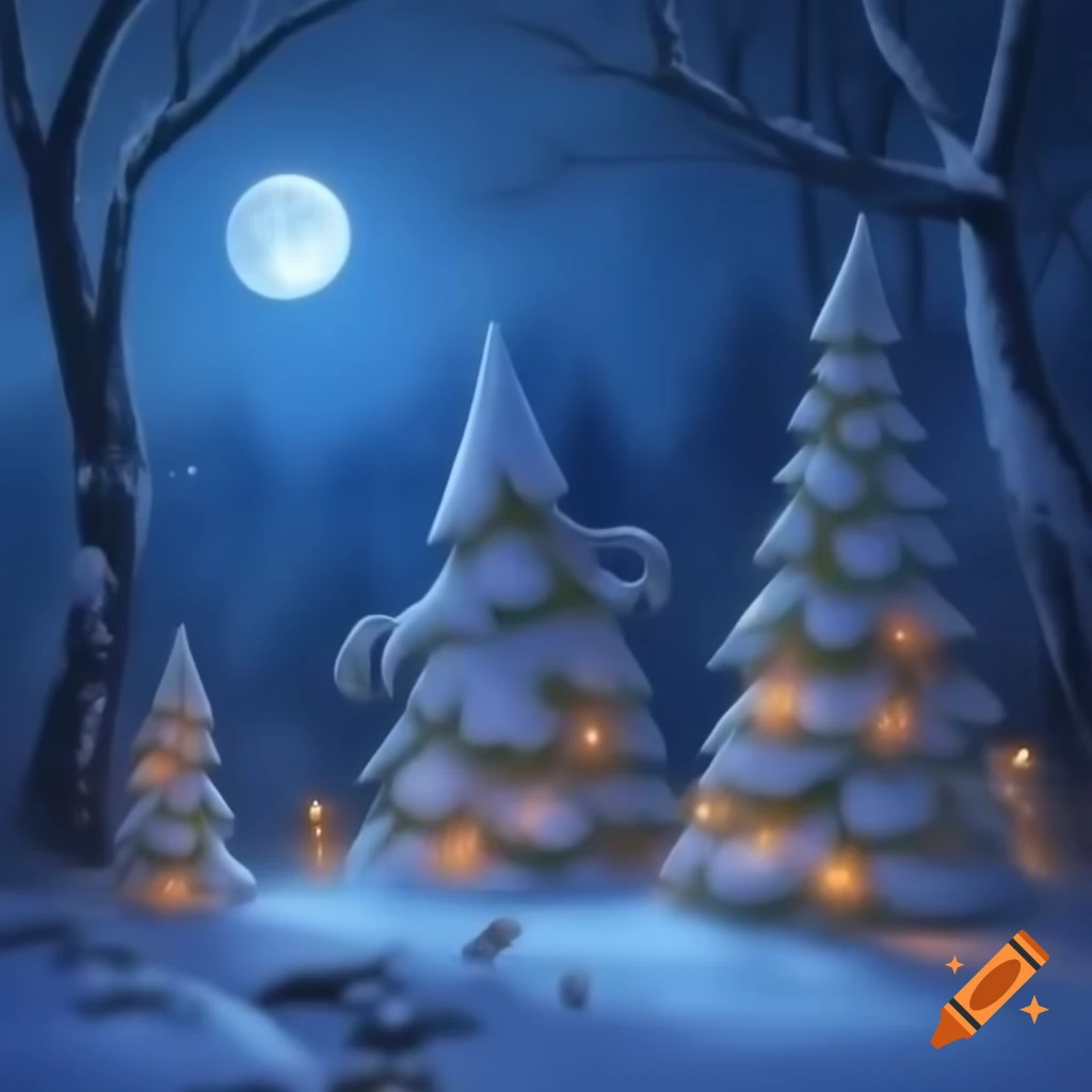 Snow-covered trees with twinkling lights under full moon in winter ...