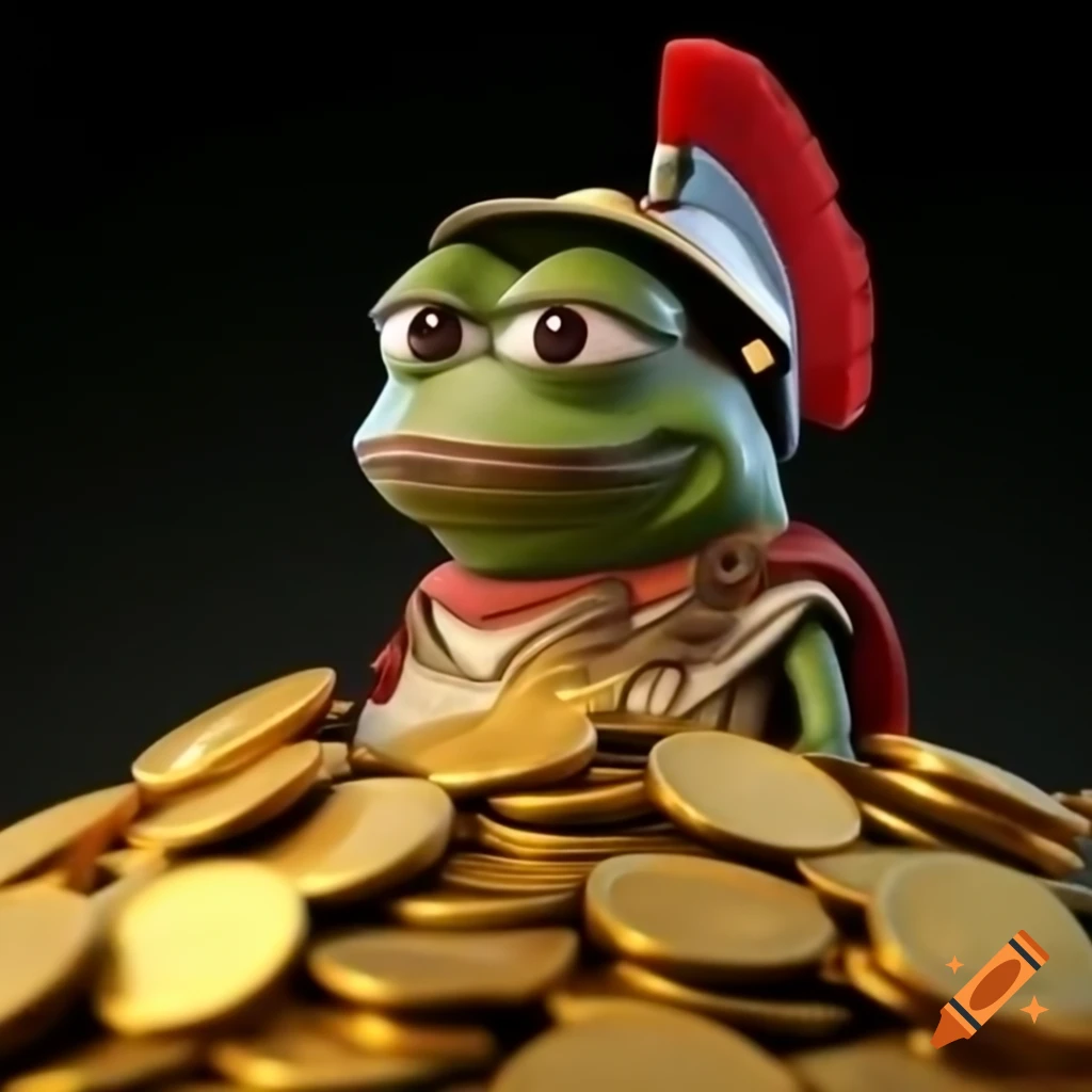 Pepe the meme as Roman soldier sitting on golden coins on Craiyon