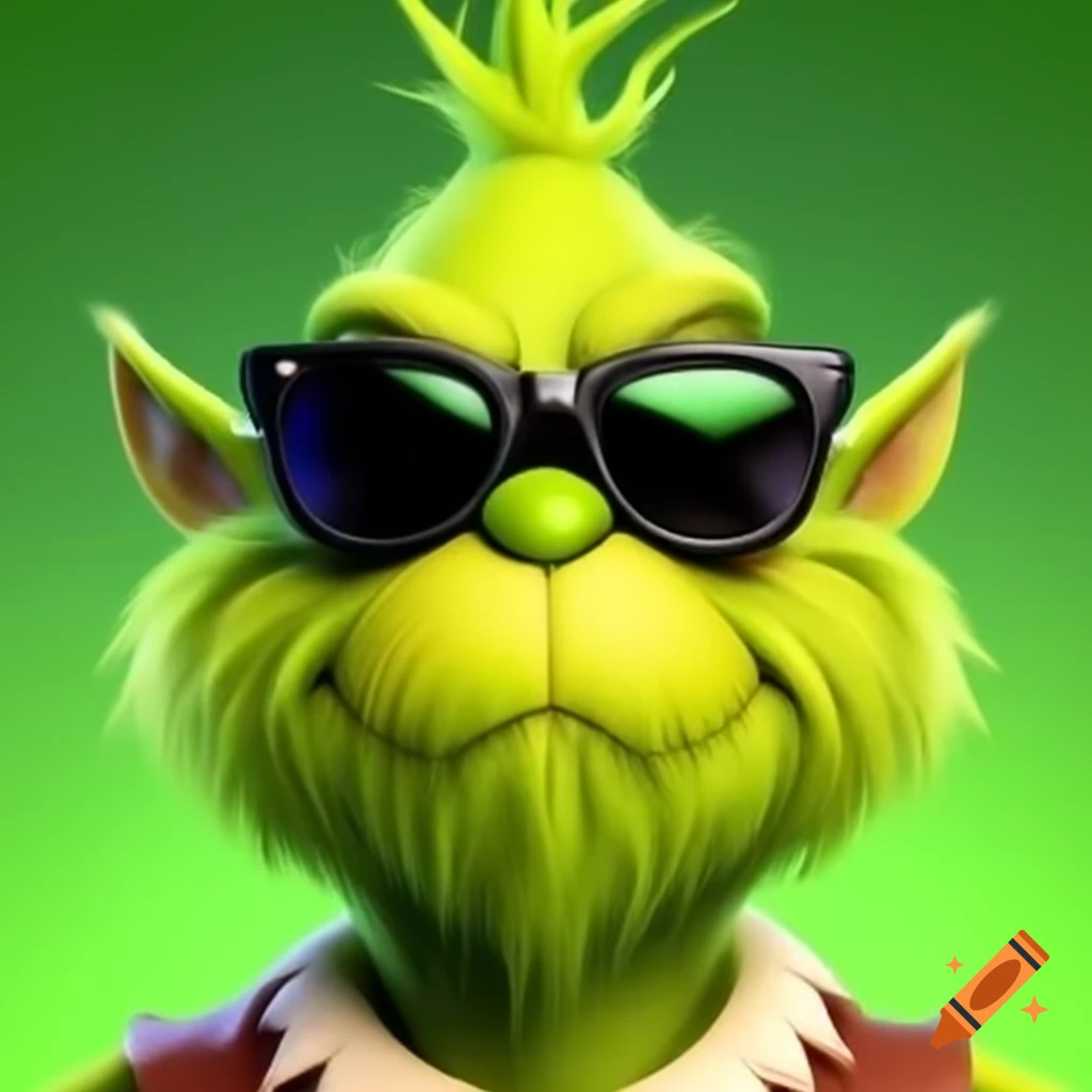 Cartoon punk Grinch with black sunglasses and distinctive hairstyle on ...
