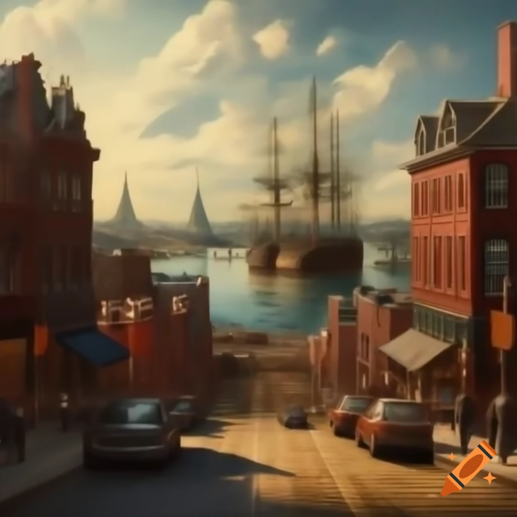 Historical view of Boston in 1773 with cobblestone streets and colonial ...