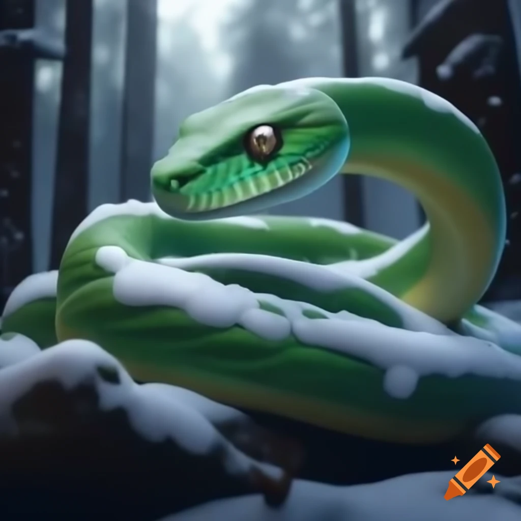 Huge green ice snake in a snow-covered forest landscape on Craiyon