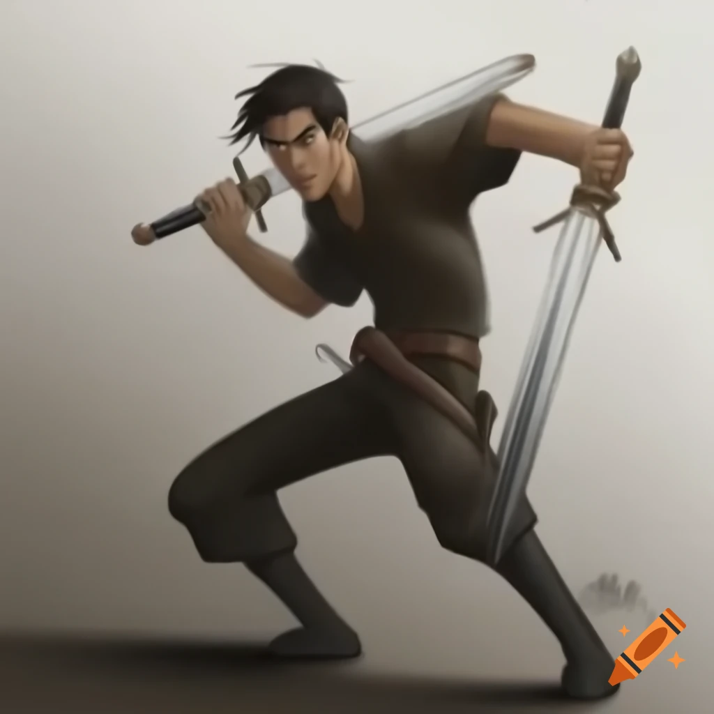 Drawing reference of male figure attacking with two swords on Craiyon