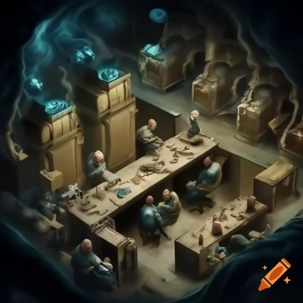 Underground laboratory with 1940s scientists and glowing atomic models ...