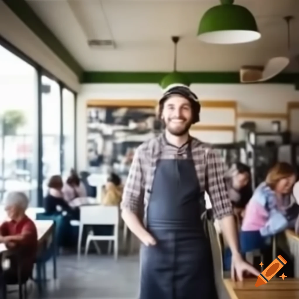 Cheerful barista headshot in vibrant cafe decor on Craiyon