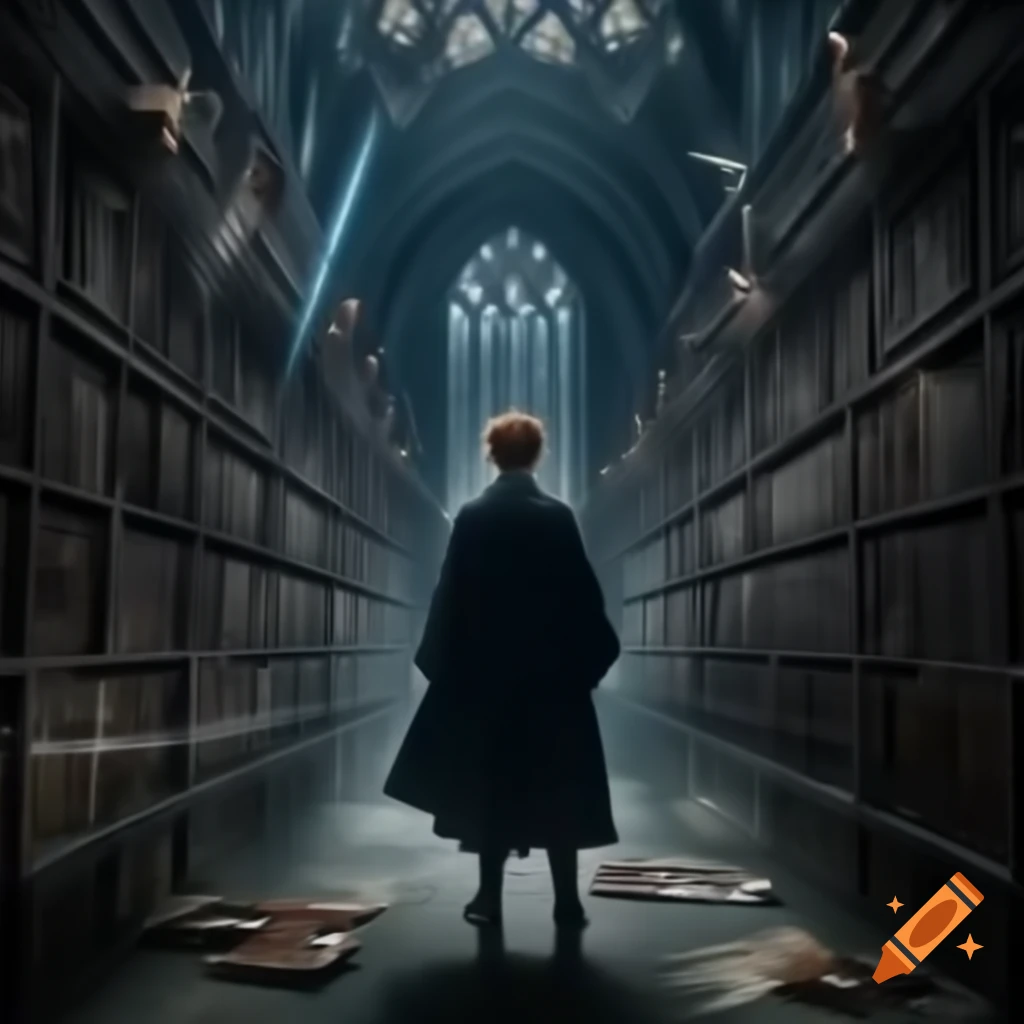 Harry Potter stands in a grand magical library above a mystical crypt ...