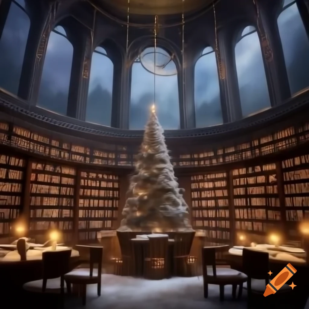 Magical library on christmas morning with ancient books and crackling ...