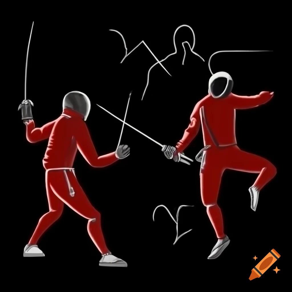 Abstract depiction of two swordsmen in dark tones and red fencing suits on Craiyon