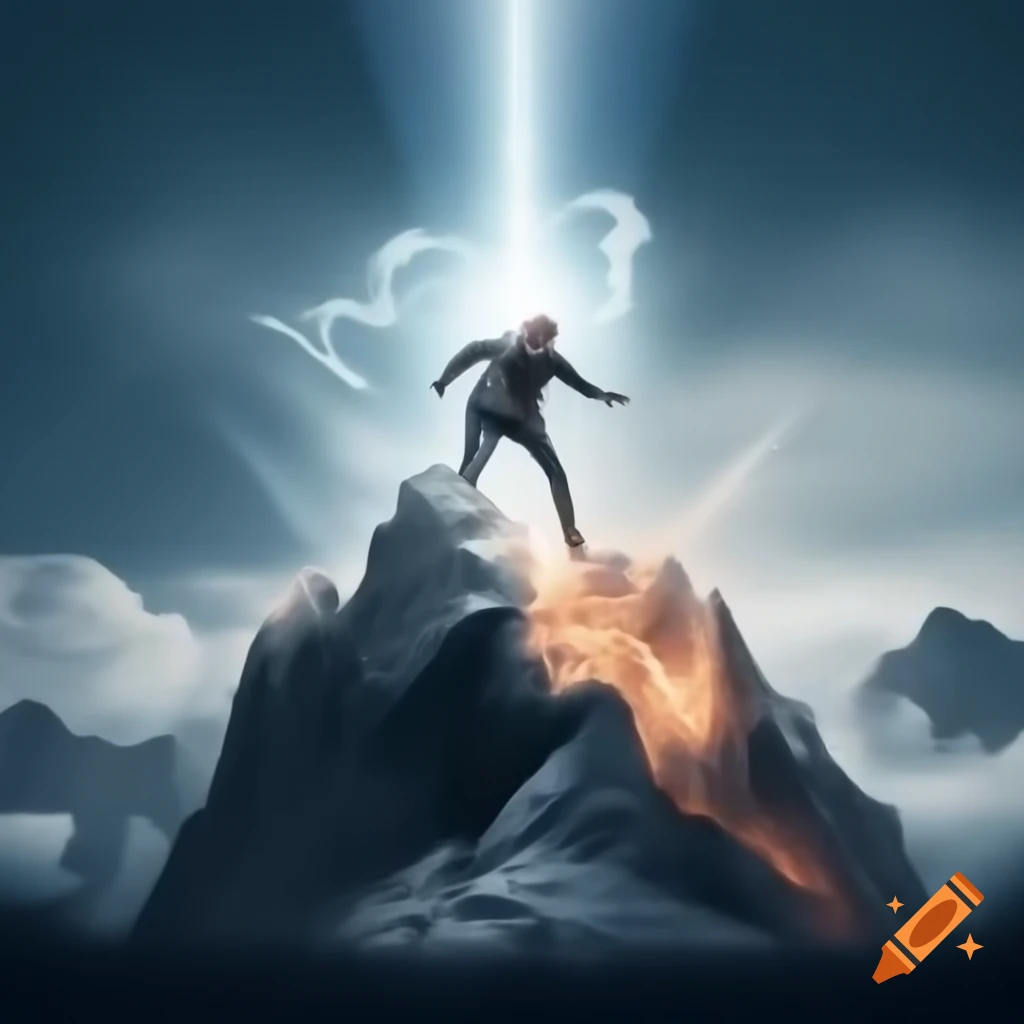 Symbolic scene of person climbing mountain and lifting burden ...