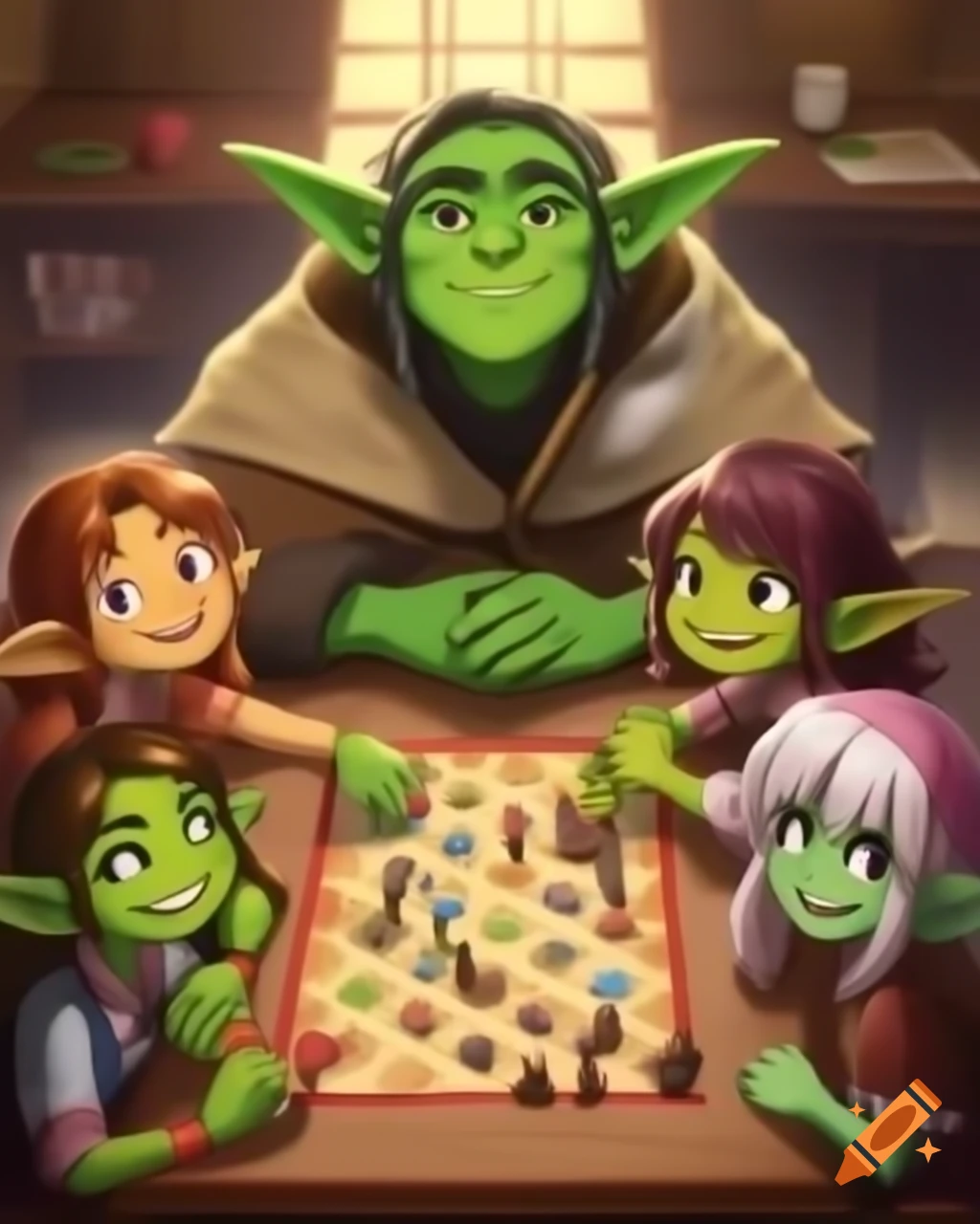 Cheerful group of green-skinned goblin students playing board game on ...