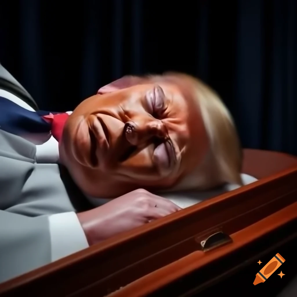 Satirical hyper-realistic image of Trump in a coffin, wide angle on Craiyon