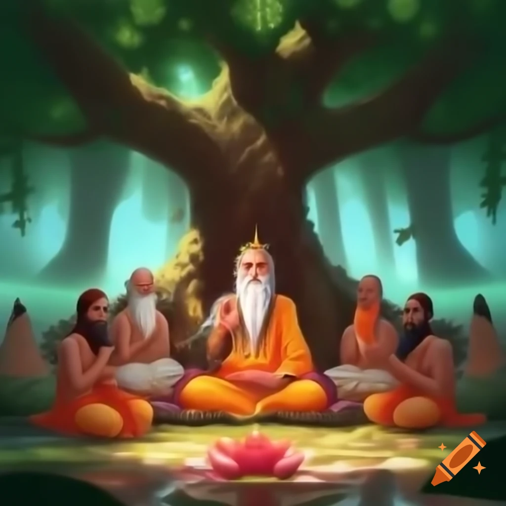 Peaceful scene under sacred tree with Brahma Ji and divine beings on Craiyon