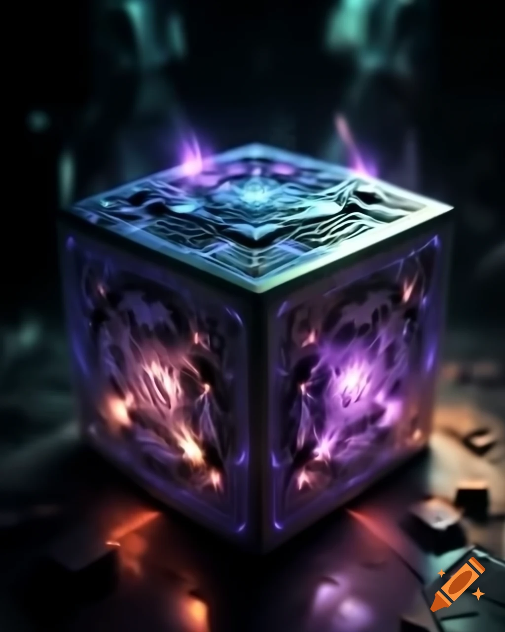 Mysterious glowing cube with geometric patterns and symbols, pulsating ...