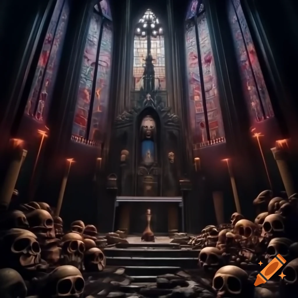 Intricately arranged skull altar with stained-glass windows casting ...