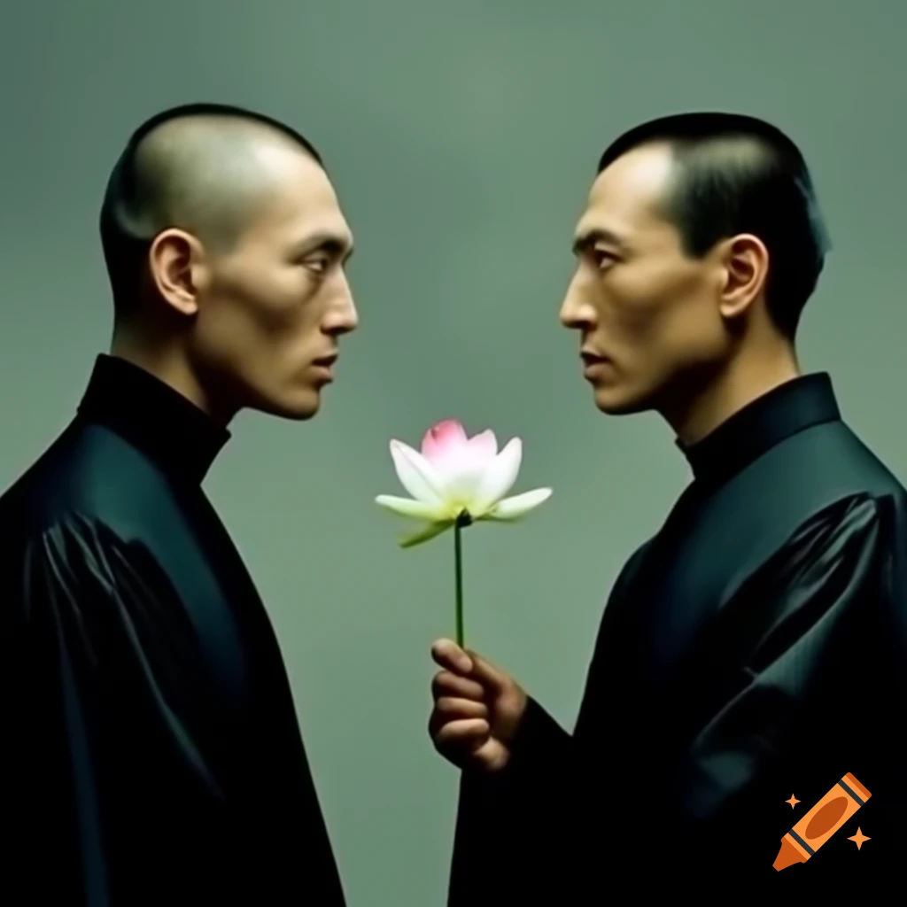 Monk and lawyer exchanging glances with a white lotus in hand on Craiyon