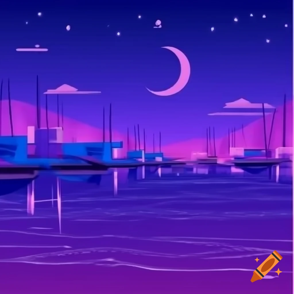 Flat design of port under violet sky with stars and moon on Craiyon