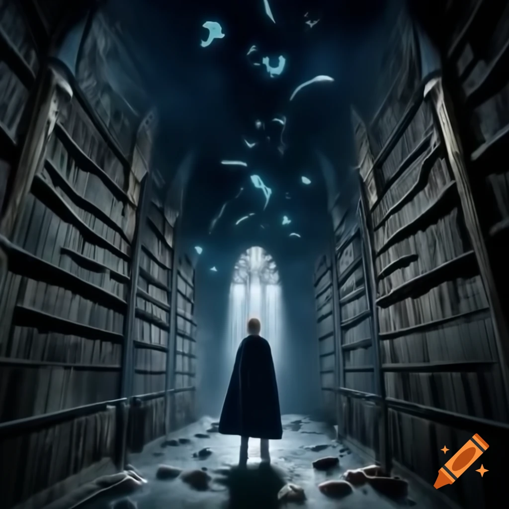 Harry Potter stands in a grand magical library above a mystical crypt ...