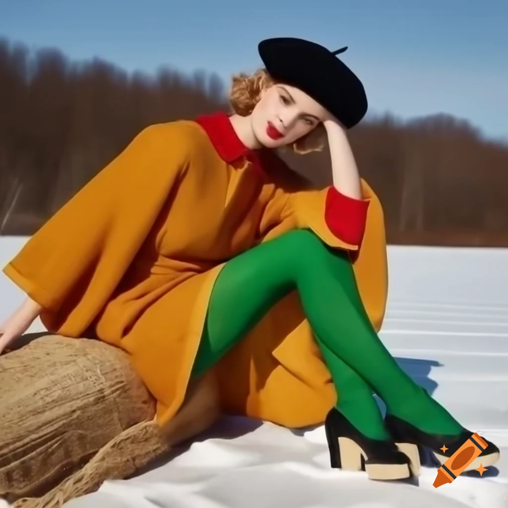 Fashionable figure in ochre knee stockings and green tights wearing a ...