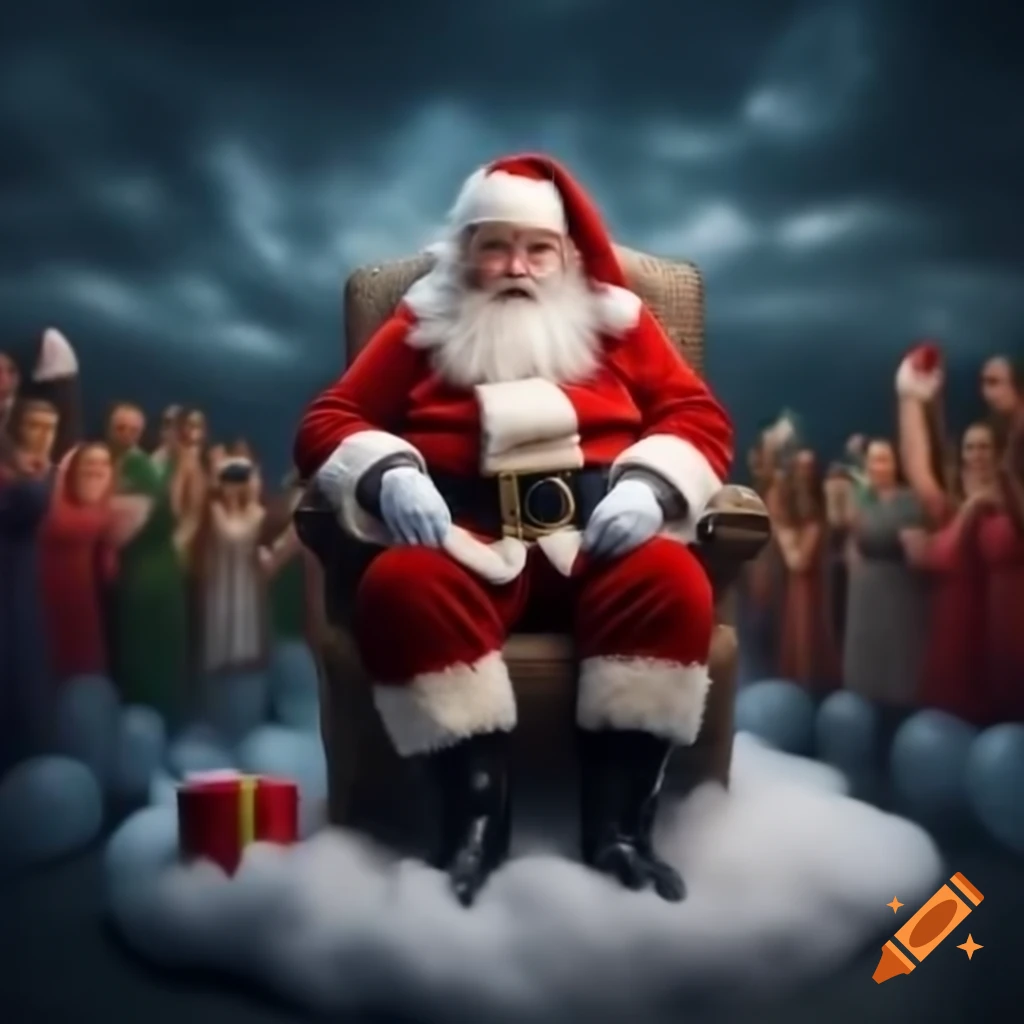 Sad Santa Claus sitting on clouds watching Christmas party below on Craiyon