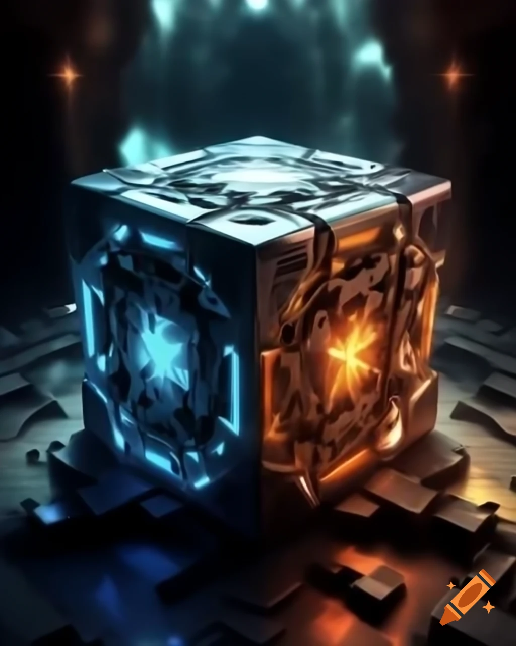 Mysterious glowing cube with geometric patterns and symbols, pulsating ...