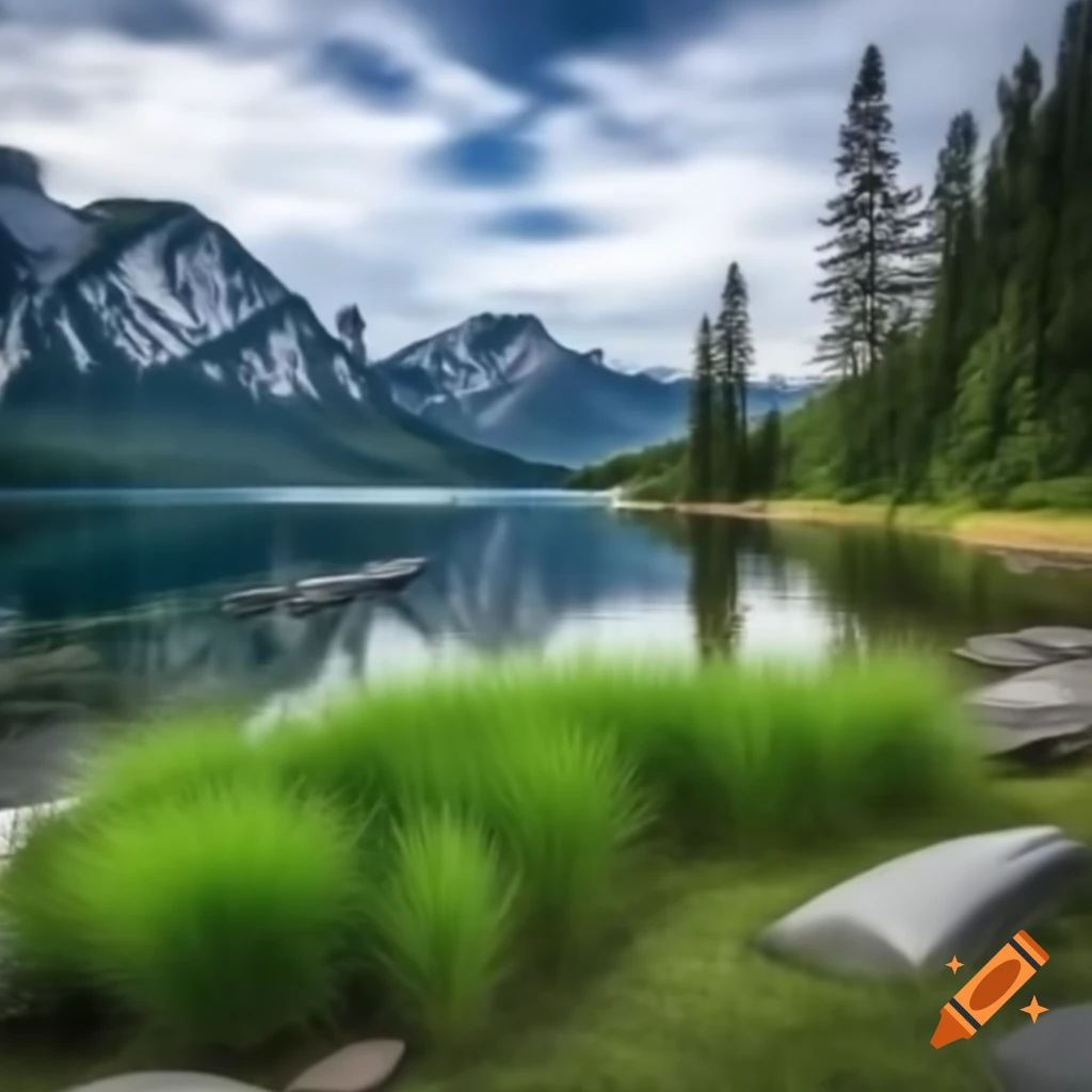 Lake surrounded by long grass, spruce trees, and rocks on Craiyon