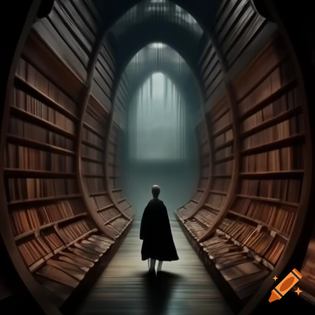 Harry Potter in magical library with towering bookshelves and a hidden ...
