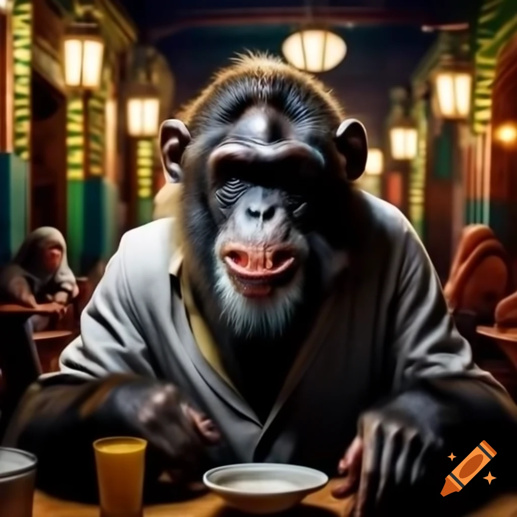 Hairy faced ape sitting at table in vibrant cafe, wild eyes and ...