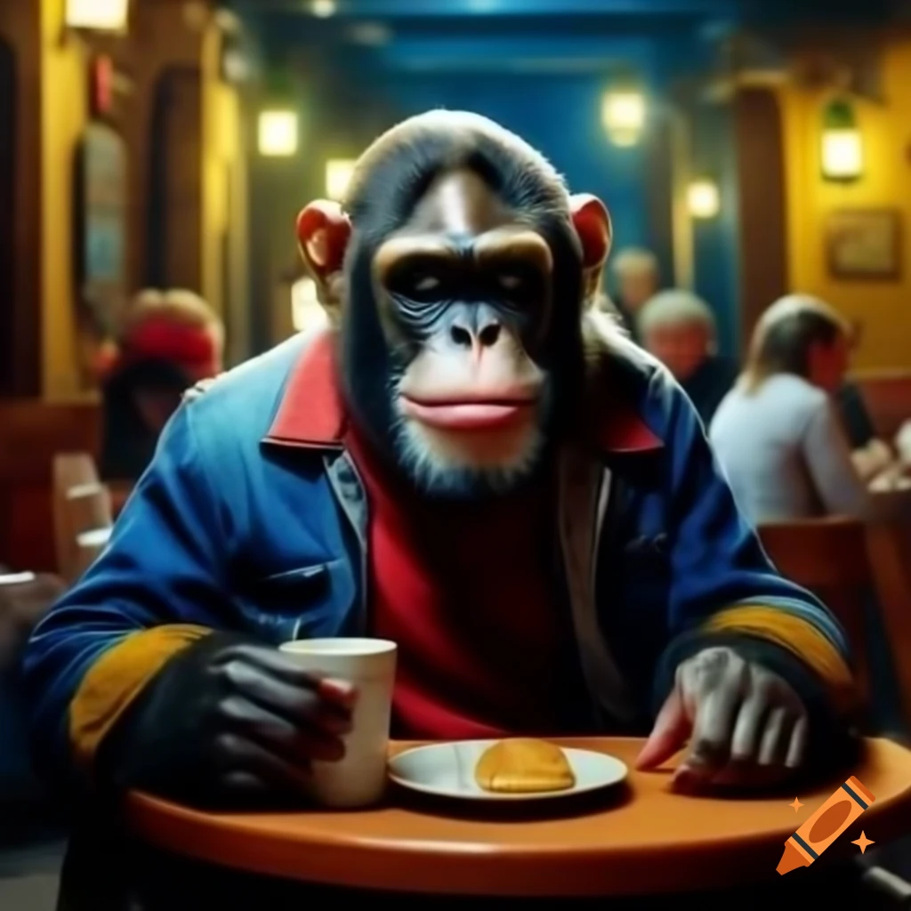 Humorous depiction of a hairy-faced ape sitting at café table, grinning ...