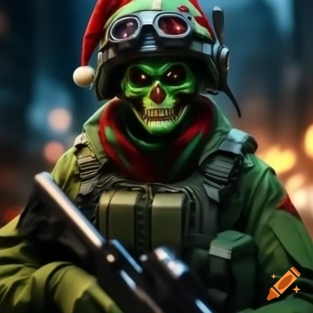 Concept of Christmas elves in military helmets with weapons on Craiyon