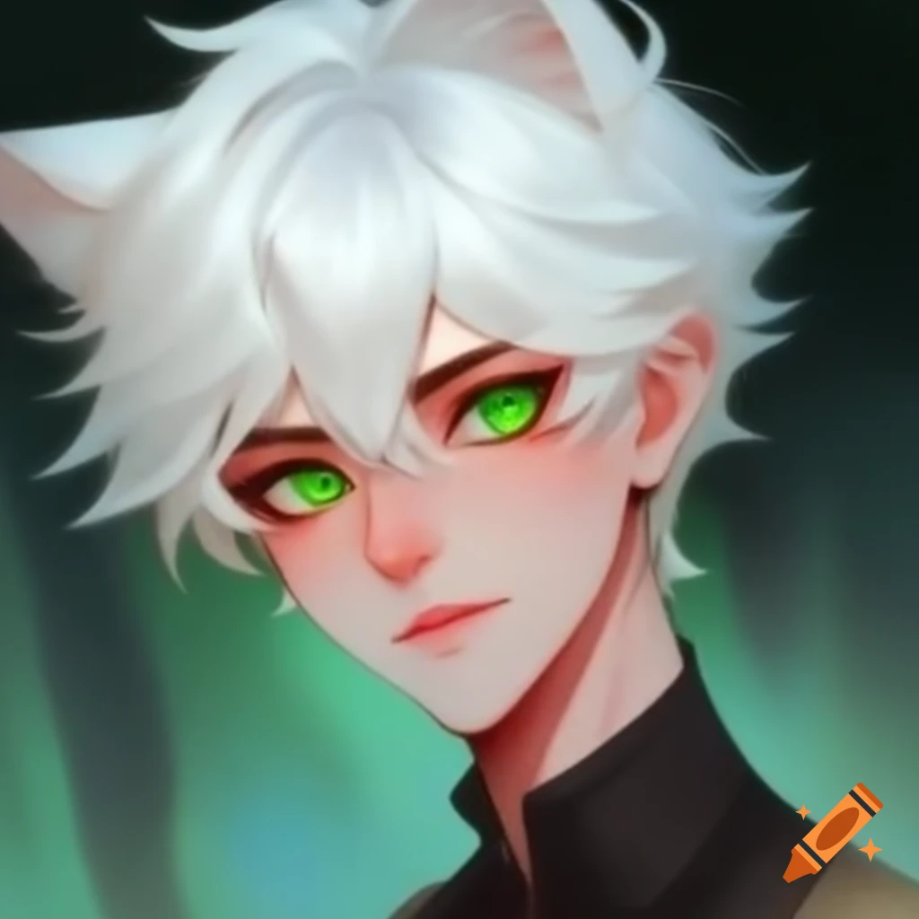 Young man with white hair and green eyes featuring fox-like traits on ...