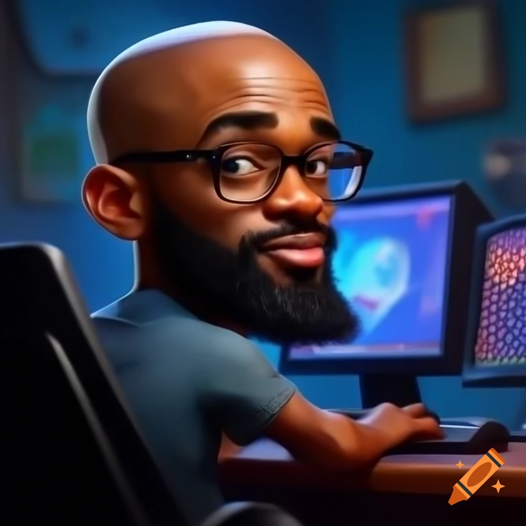 Caricature of a bald black man with glasses and beard at computer ...