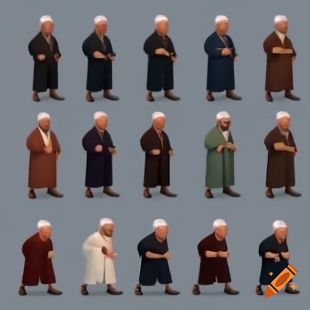 Comic book character sheet of an arabic muslim old man with various ...