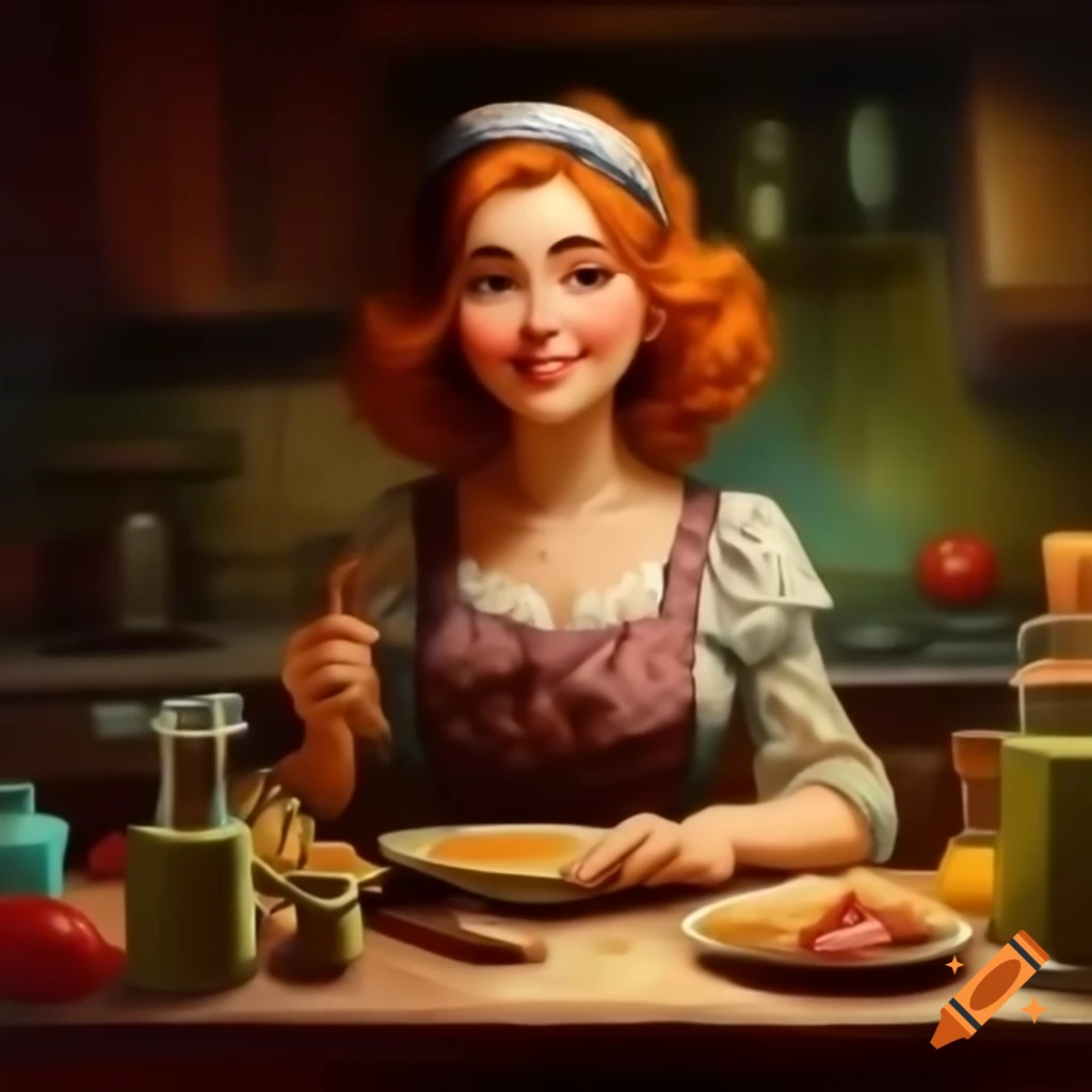 Vintage cookbook cover with 1930s kitchen and auburn-haired woman ...