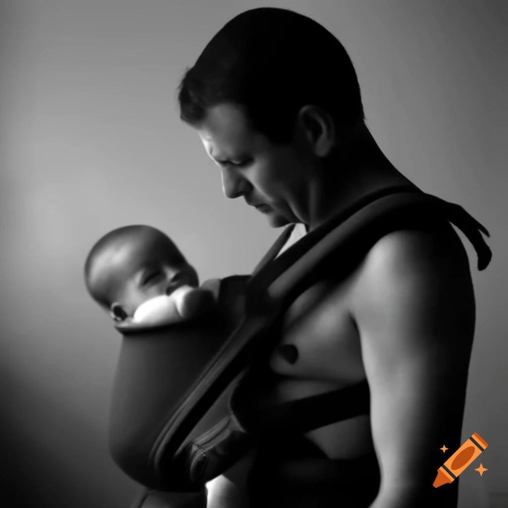 Proud father cradling baby in cloth carrier on Craiyon