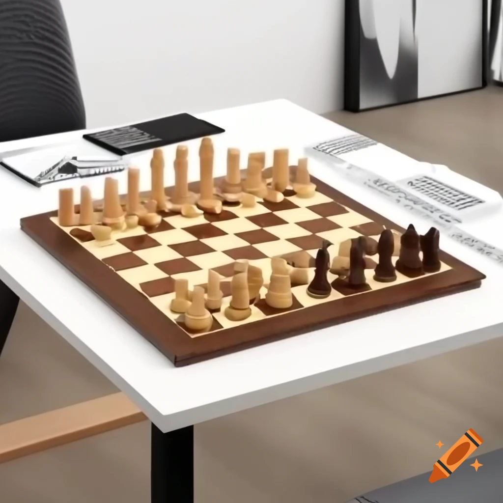 Hyper realistic chess board with arranged pieces on a work desk, yellow ...