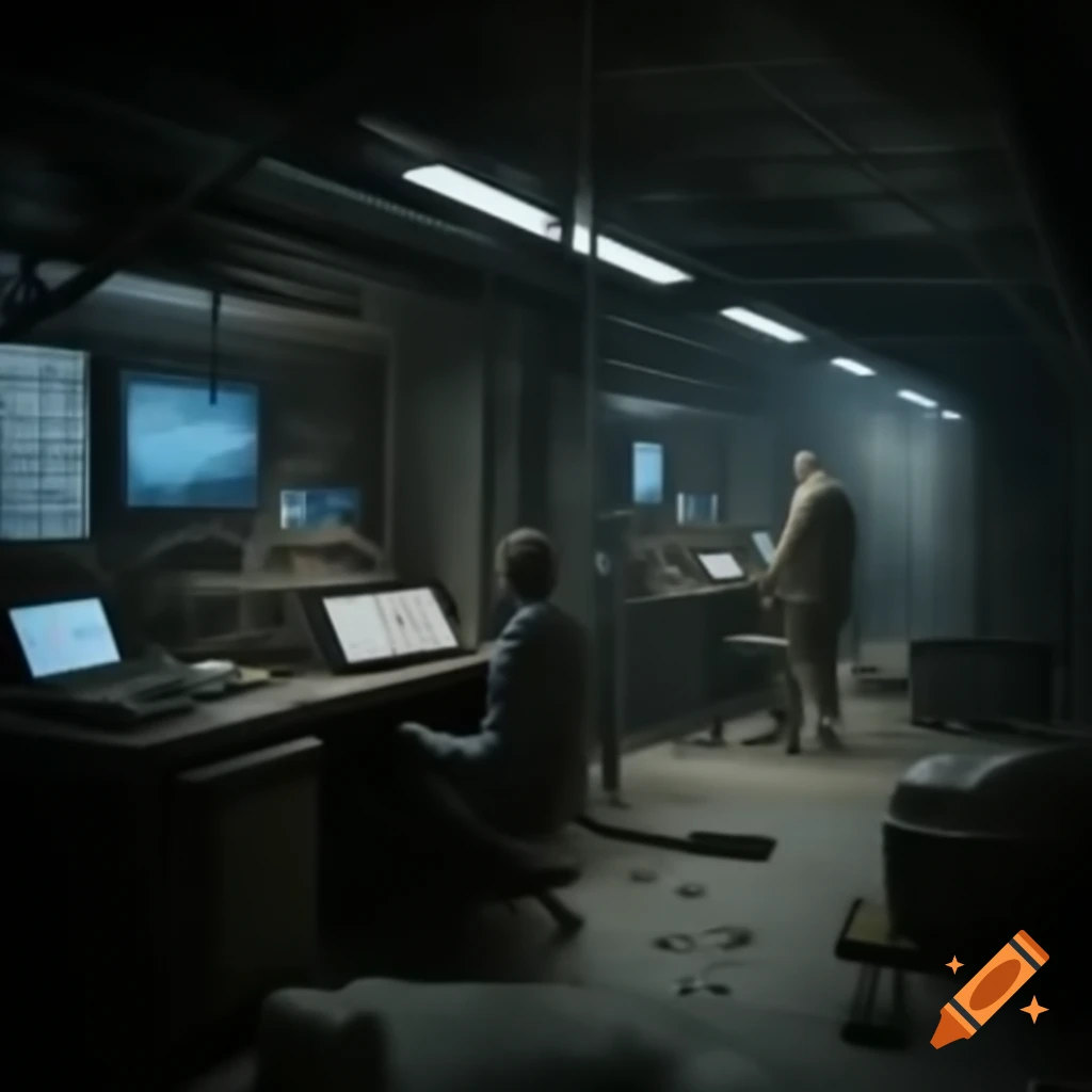 Dimly lit underground bunker laboratory with high-tech equipment and scientist on Craiyon